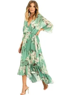 YUMI Dip Hem Kimono Sleeve Dress - Mint