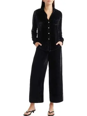 Frank & Eileen Velvet Button-up Shirt & Crop Wide Leg Pants Set - Black