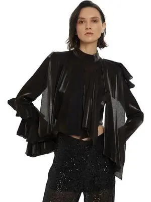 GIZIA Back Zipper Ruffled Detail Blouse - Black