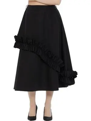 GIZIA Asymmetric Ruffle Detail Midi Skirt - Black