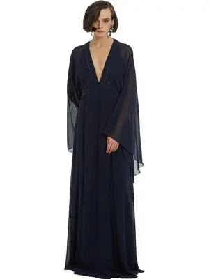 GIZIA Bead-embroidered Ruffle Sleeve Chiffon Dress - Navy