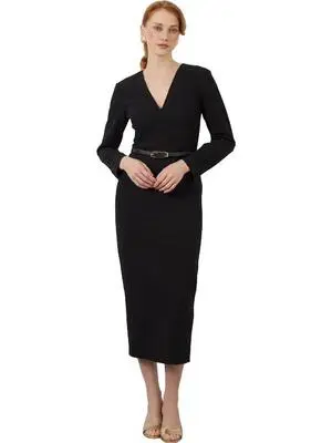 GIZIA Belted V-neck Pencil Midi Dress - Black