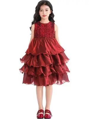 TULLEEN Sequin Bodice Organza Tiered Dress - Red