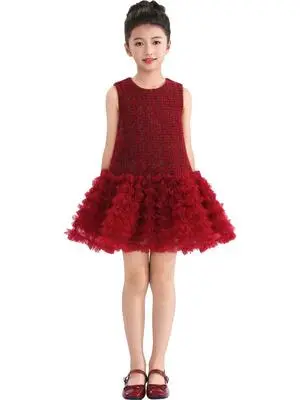TULLEEN Tweed & Tulle Ruffle Dress - Red