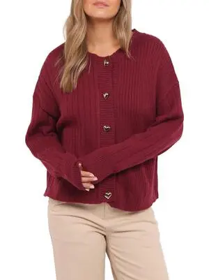 PETAL & PUP Heart Button Ribbed Cardigan - Cherry