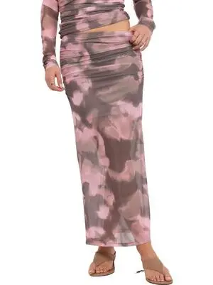 PETAL & PUP Abstract Print Mesh Maxi Skirt - Pink/brown Print
