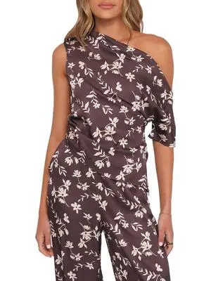 PETAL & PUP Romola Ruched One-shoulder Top - Brown Cream Floral