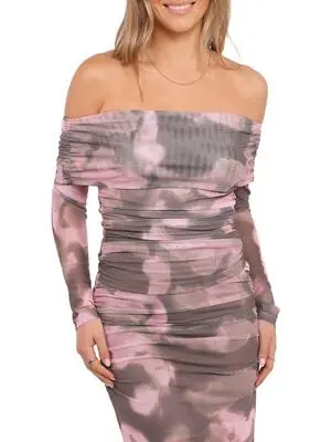 PETAL & PUP Calelira Ruched Off The Shoulder Mesh Top - Pink/brown Print