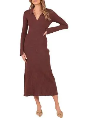 PETAL & PUP Makenna Long Sleeve Rib Maxi Sweater Dress - Brown