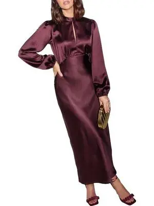 FRIENDS LIKE THESE Satin Long Sleeve Midi Dress With Cutout - Brown