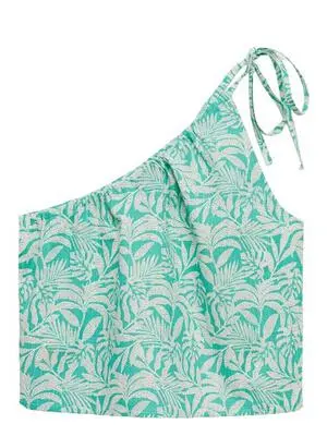 Mango Asymmetric Tropical Print Crop Top - Turquoise