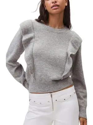 Mango Ruffle Trimmed Cropped Pullover Sweater - Medium Heather Grey