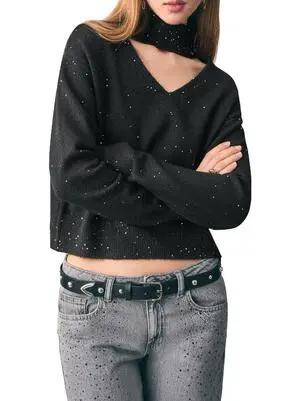 Mango Sequin Crop Sweater - Black