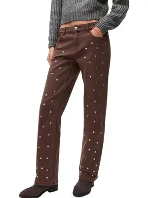 Mango Studded Low Rise Straight Leg Jeans - Chocolate