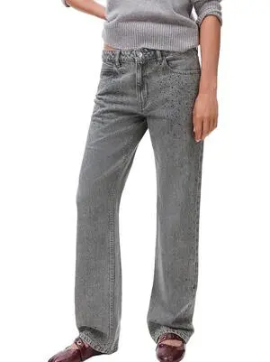 Mango Rhinestone Embellished Straight Leg Jeans - Denim Grey