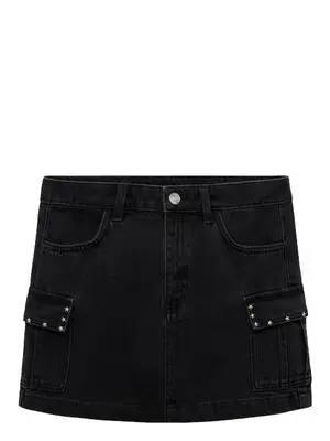 Mango Star Studded Denim Cargo Miniskirt - Black Denim
