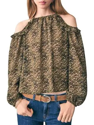 Mango Animal Print Cold Shoulder Long Sleeve Shirt - Khaki Brown