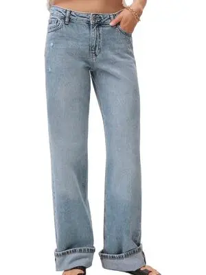 Mango Cuff Hem Wide Leg Jeans - Light Blue