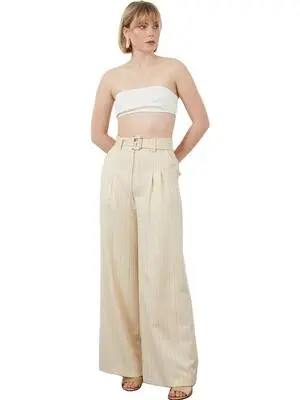 GIZIA Belted Wide-leg Striped Pants - Beige