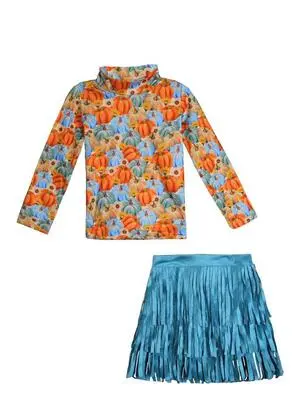 MIA BELLE GIRLS Turtleneck Top And Fringe Skort Set - Blue