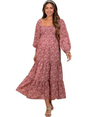 PINKBLUSH Floral Smocked Square Neck Maxi Dress - Mauve