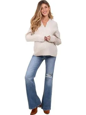 PINKBLUSH Distressed Knee Flare Maternity Jeans - Blue