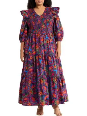 SUGARLIPS Raveena Smocked Maxi Dress - Navy-fuchsia