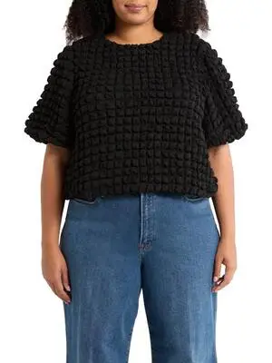 SUGARLIPS Textured Puff Sleeve Crop Top - Black