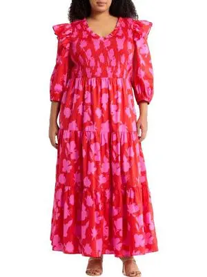 SUGARLIPS Brighton Smocked Maxi Dress - Fuchsia-red