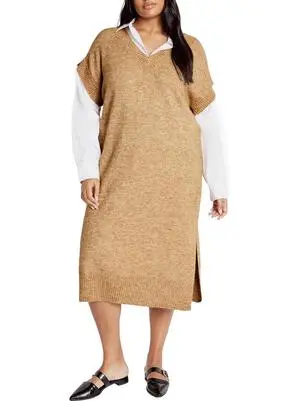 City Chic Gloria Layered Long Sleeve Knit Dress - Caramel