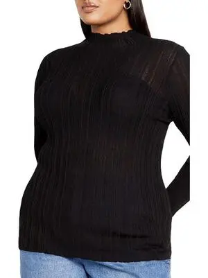 City Chic Crinkle Mock Neck Long Sleeve Sweater - Black