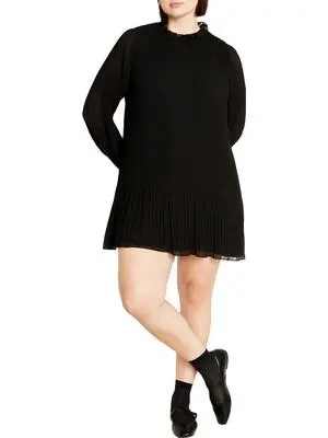 City Chic Plissé Minidress With Ruffle Trim - Black