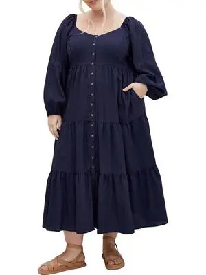 City Chic Tiana Long Sleeve Tiered Midi Dress - Navy