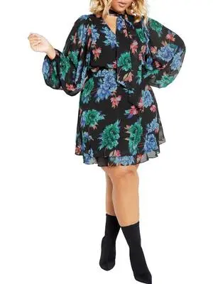 City Chic Tie-neck Long Sleeve Dress - Floral