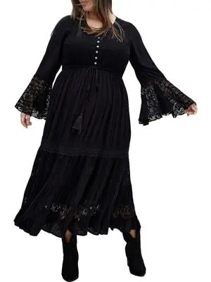 City Chic Dulce Lace Detail Long Sleeve Maxi Dress - Black