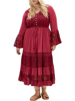 City Chic Dulce Lace Detail Long Sleeve Maxi Dress - Red