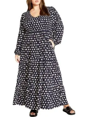 City Chic Adley Printed Maxi Dress With Smocked Bodice - Spot