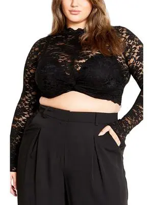 City Chic Arlette Sheer Lace Crop Top - Black