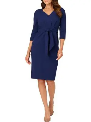 Adrianna Papell Tie Waist Crepe Sheath Dress - Navy Sateen