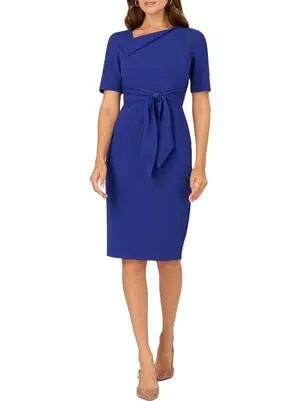 Adrianna Papell Asymmetric Collar Tie Waist Crepe Sheath Dress - Royal Sapphire
