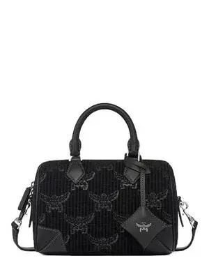 Mcm Small Ella Boston Bag In Lauretos Lurex Jacquard - Black