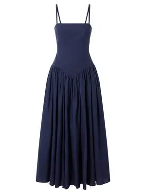 Gabriela Hearst Oriana Gathered Linen Midi Dress Navy