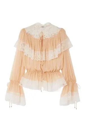 Chloé Tiered Organic Silk-Mousseline Blouse Pastel Orange