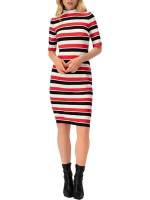 IVONNE Striped Fitted Midi Dress - Black-red