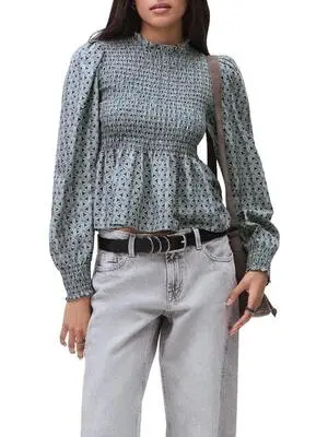 Mango Floral Smocked Peplum Top - Grey