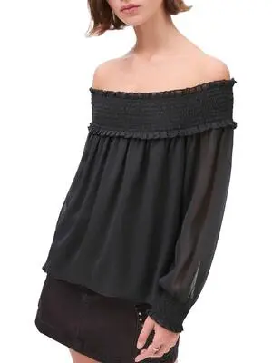 Mango Smocked Strapless Long Sleeve Top - Charcoal