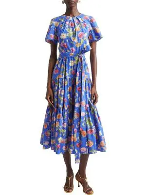 Carolina Herrera Poppy Print Tiered Midi Dress - Bluebell Multi