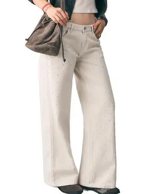 Mango Crystal Embellished Low Rise Wide Leg Jeans - Light/pastel Grey