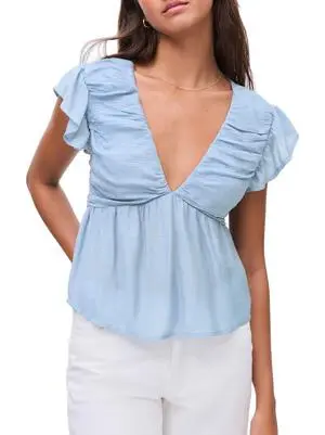 Mango Ruched Ruffle Top - Sky Blue