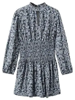 Mango Smocked Long Sleeve Dress - Blue Multi